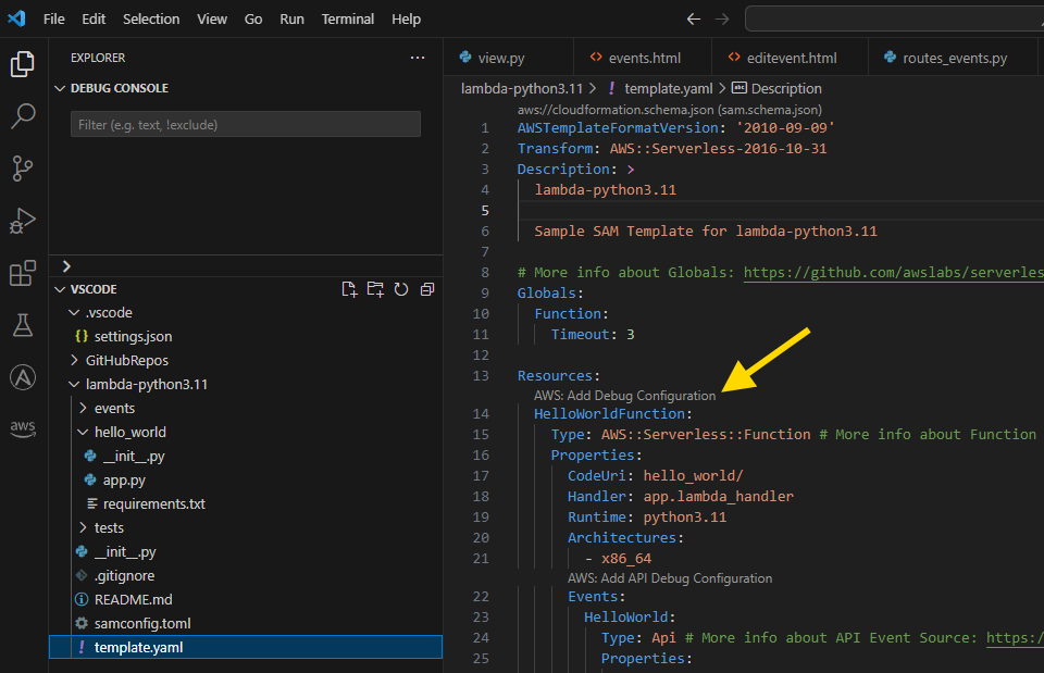 Select The Templateyaml File And Click On Aws Add Debug Configuration